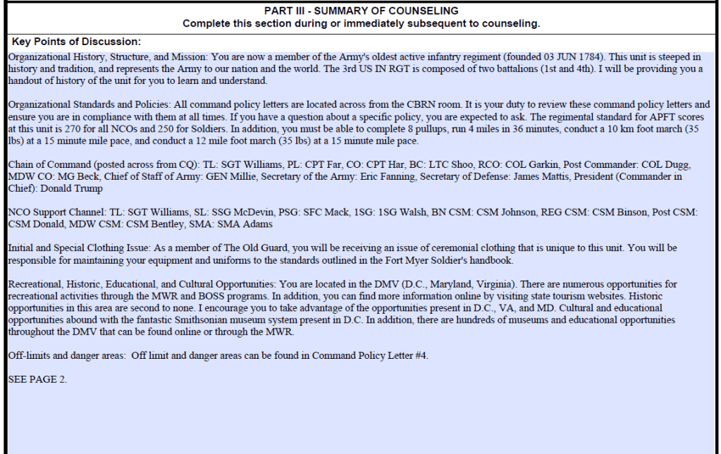 Sample Initial Counseling – Army Board Questions